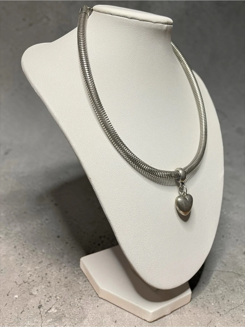 Jewelry | Silvertone Puffy Heart Necklace With Snake Coil Chain | Poshmark